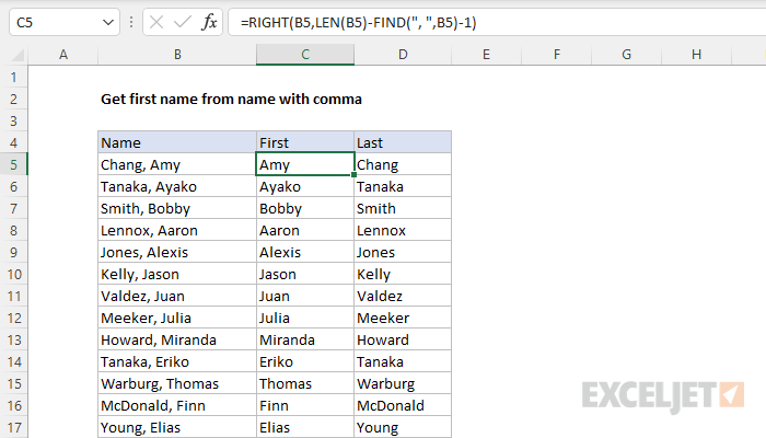 Excel Formula Get First Name From Name With Comma Exceljet